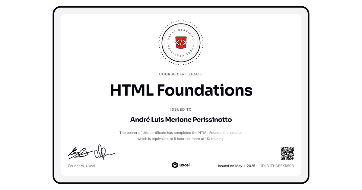 Certificate of completion for HTML Foundations | Uxcel